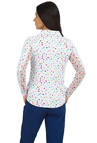IBKUL Athleisure Wear Sun Protective UPF 50+ Icefil Cooling Tech Evelyn Print Adjustable Length Long Sleeve Polo - 48186 Blue/White Evelyn L