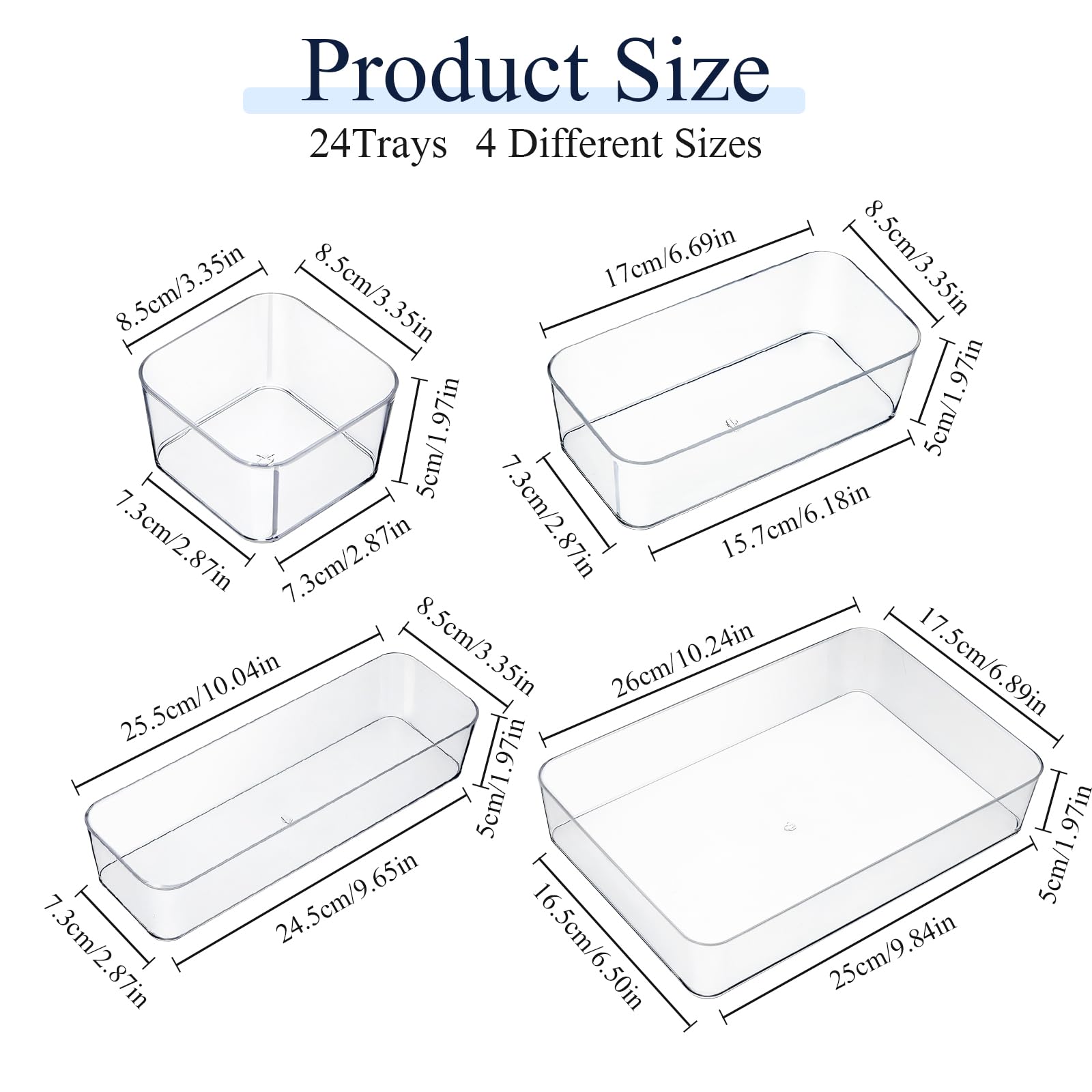 Teenyyou 30 Pcs Clear Plastic Drawer Organizer Set Include 10oz 12oz Cotton Swab Ball Holder 24 Pcs Stackable Desk Drawer Organizer Trays for Makeup
