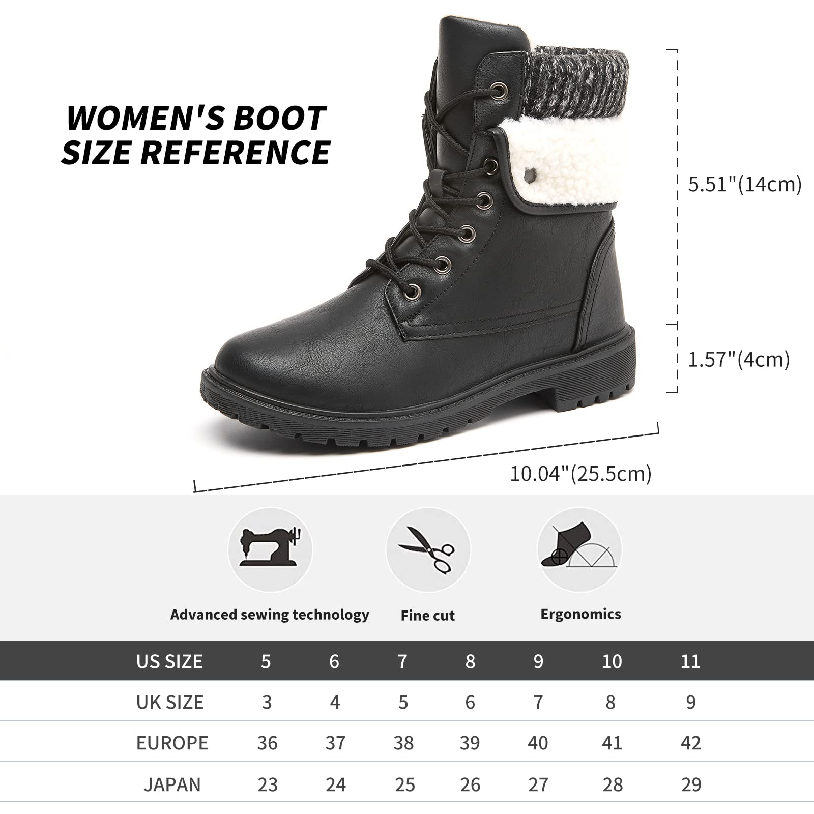 hash bubbie Women's Waterproof Winter Boots Black Combat Boots Mid Calf Snow Boots PU Leather Boots Lace up Fur Lined Ankle Booties(Black.US9)