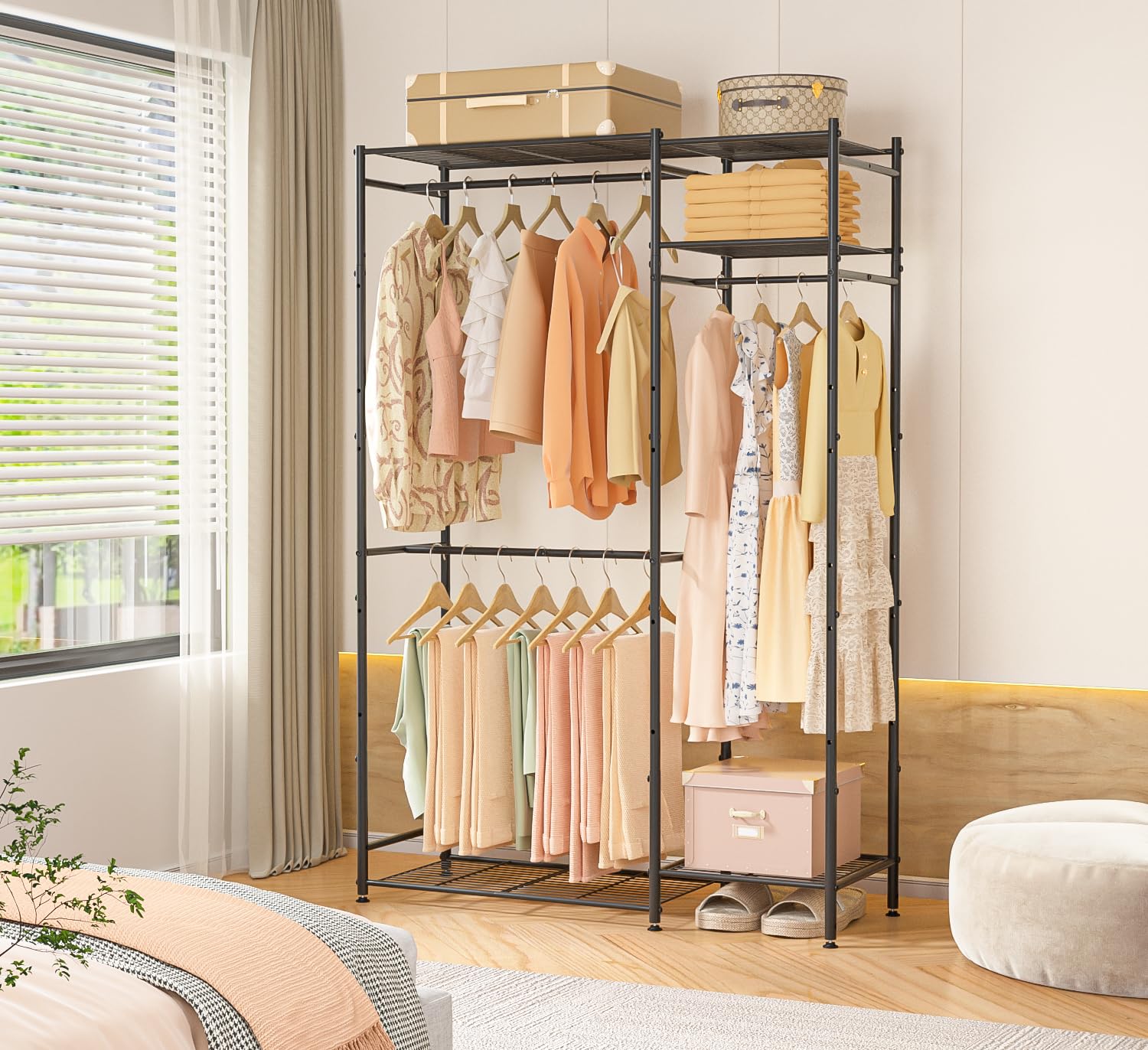 Portable Closets for Hanging Clothes, Freestanding Clothing Rack with 3 Hang Rods & 5 Shelves, Metal Wardrobe Garment Rack for Bedrooms Entrances