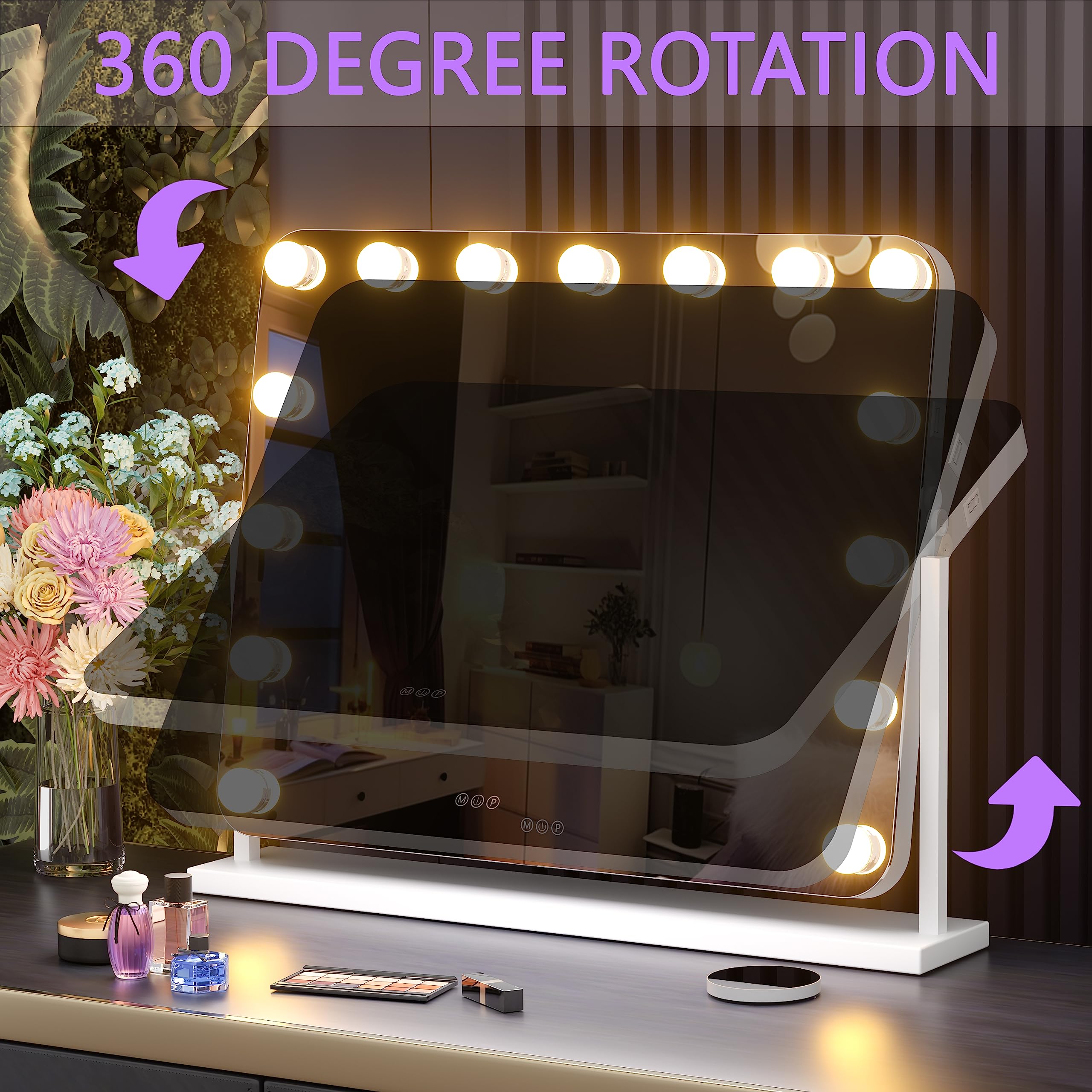 Hasipu Vanity Mirror with Lights, 22" x 18" Hollywood Lighted Makeup Mirror with 15 Dimmable Bulbs, 10X Magnification and USB Charging Port, Smart Touch 3 Colors Dimmable, 360° Rotation (Round)
