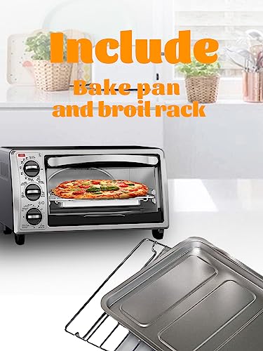 Toaster Oven 4 Slice Countertop - Pizza Oven with Timer, Convection Oven fits a 9 Inch Pizza, for Bake, Broil, Toast, Includes Baking Pan and Rack, Stainless Steel, Silver