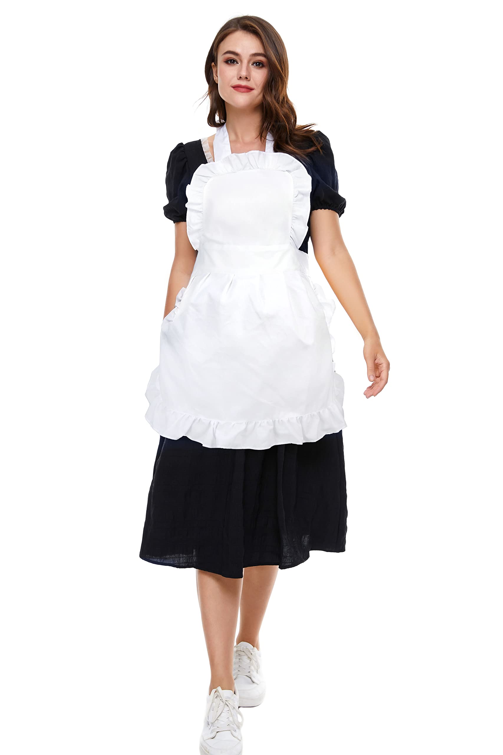 LilMents Women's Ruffle Outline Retro Apron Kitchen Cake Baking Cooking Cleaning Maid Costume (White)