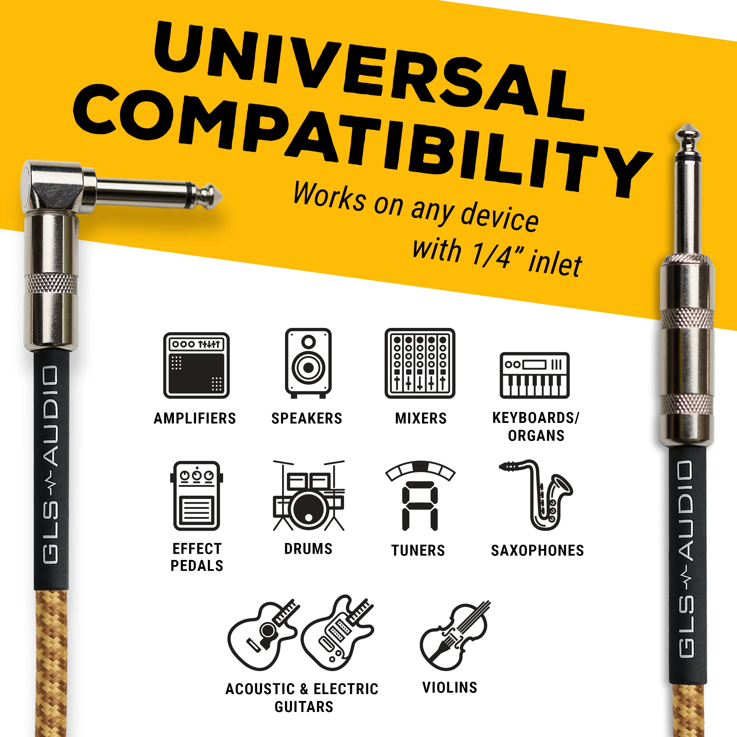 GLS Audio Instrument Cable - Amp Cord for Bass & Electric Guitar - Straight to Right Angle 1/4 Inch Instrument Cable - Brown/Yellow Braided Tweed, 20ft