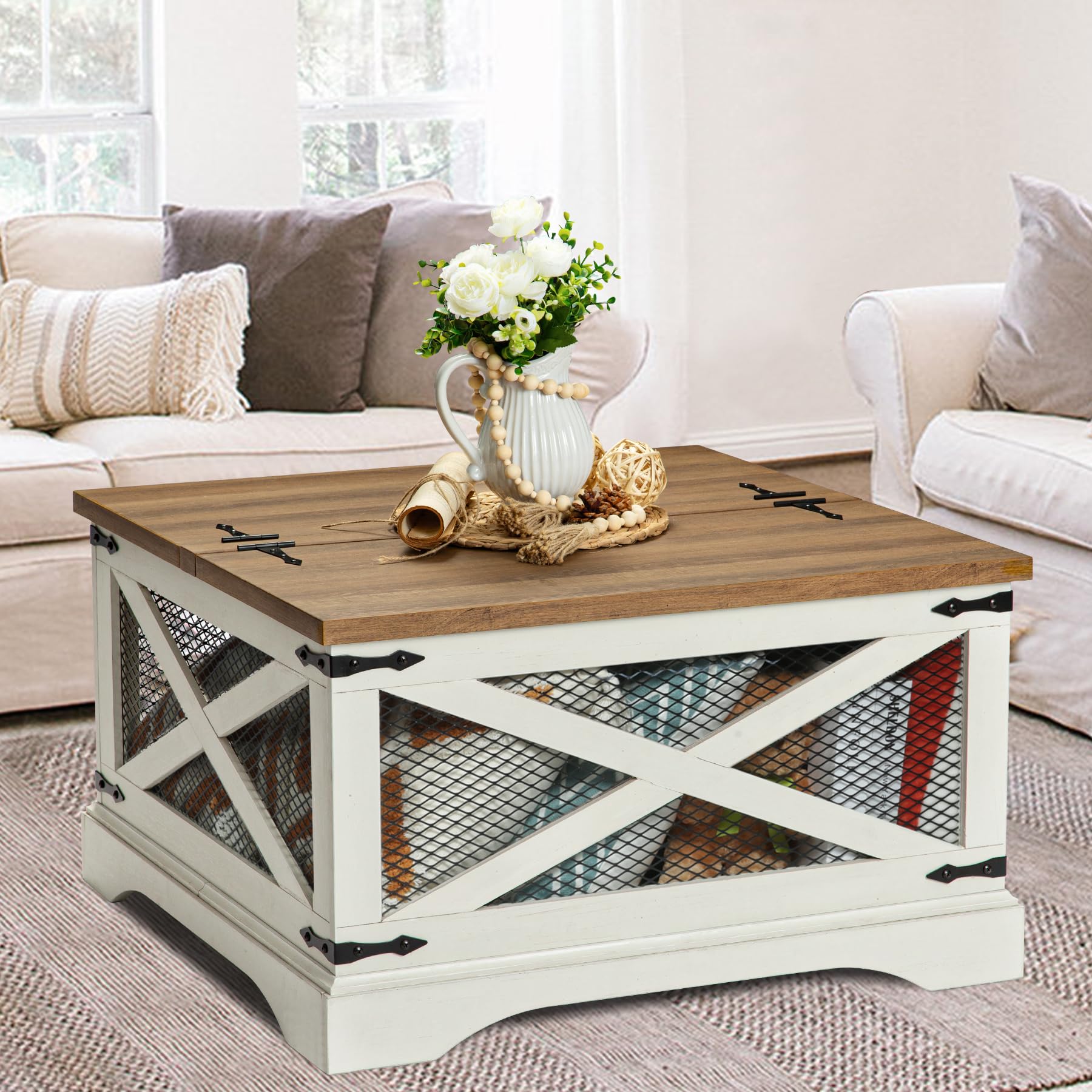 HOKYHOKY Square Coffee Table with Storage - 31.5" Farmhouse Wood Center Table w/Hinged Lift Top, Openwork Rustic Coffee Table w/Compatrment, Industrial Coffee Table for Living Room (Walnut)