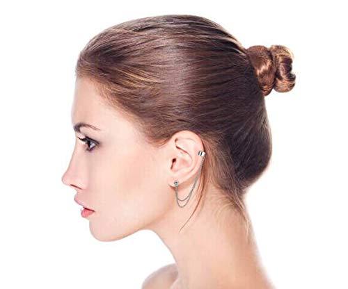 Geometric Cartilage Plain Band With Chain Ear Warp Cuff CZ Stud Ear Lobe Earring For Women Teens Men Yellow Gold .925 Sterling Silver