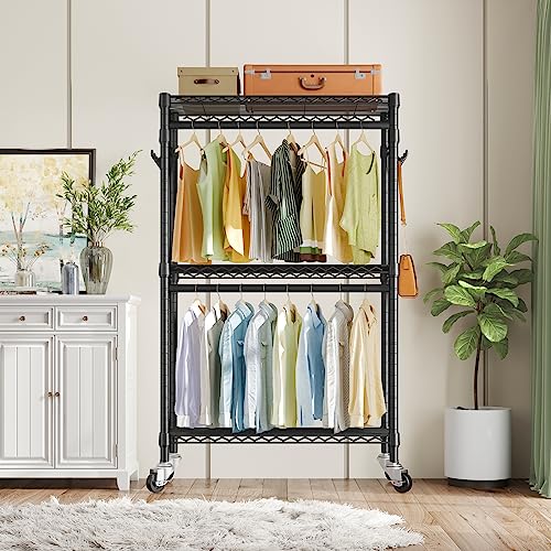 VIPEK V12 Medium Heavy Duty Rolling Garment Rack 3 Tiers Adjustable Clothes Rack with Double Rods & Hooks, Freestanding Wardrobe Closet Storage Rack Metal Clothing Rack for Hanging Clothes, Black