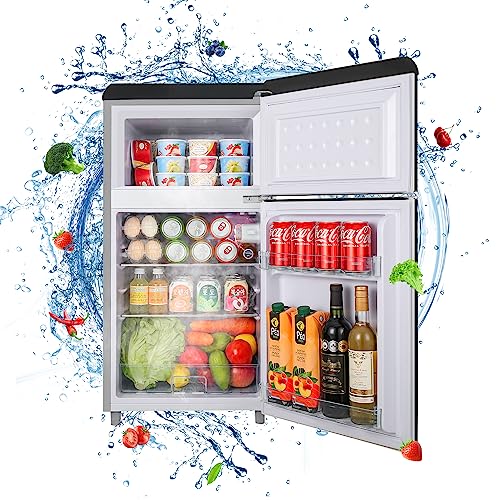 WANAI Mini Fridge With Freezer 3.5 Cu.Ft Dual Door Small Refrigerator Energy-efficient, Low Noise, Mini Fridge For Bedroom Dorm and Office, Black
