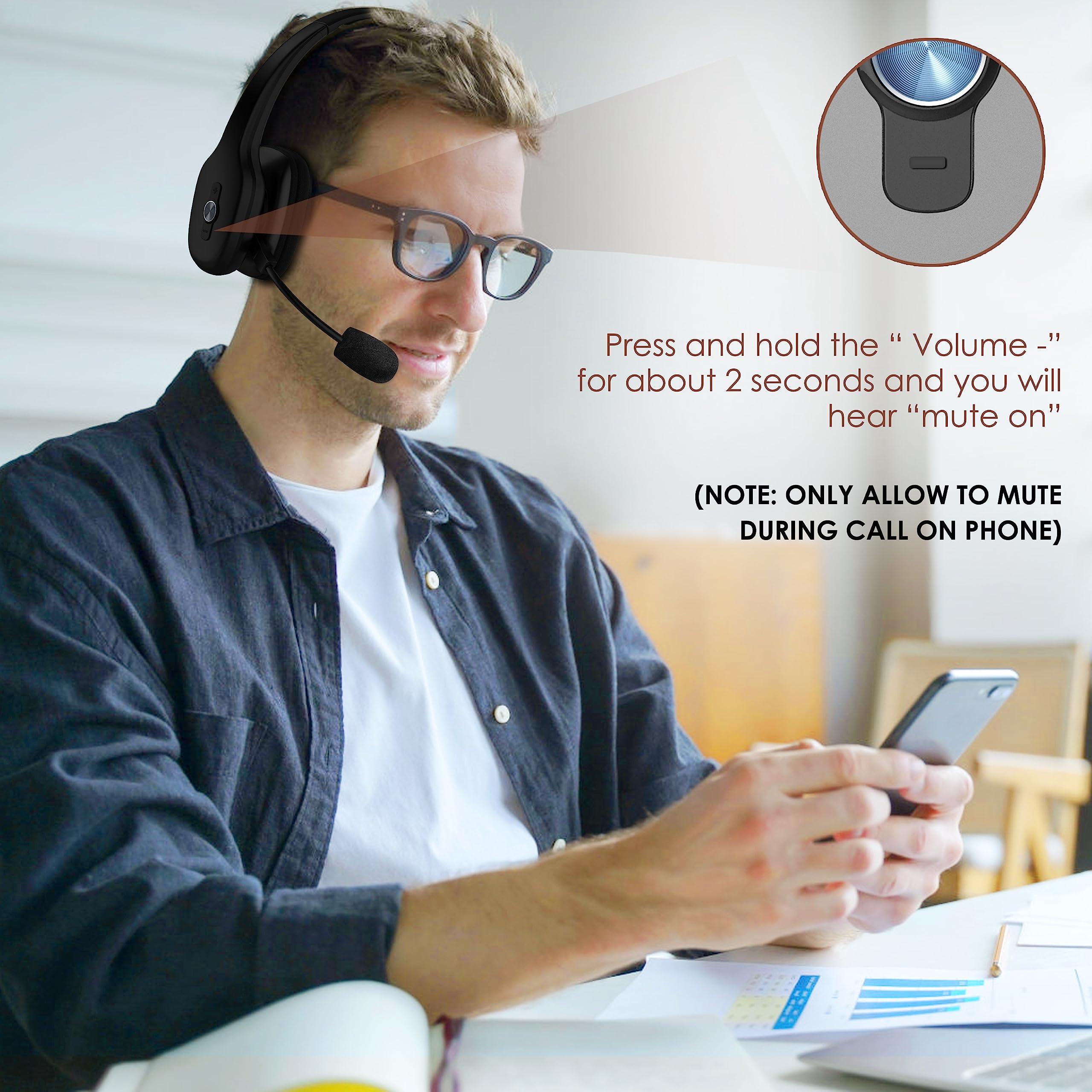 Gixxted Bluetooth Headset, Trucker Bluetooth Headset with Microphone, 60 Hours Working Time Wireless on-Ear Headset for Computer Cell Phone Trucker Home Office Work (Black)