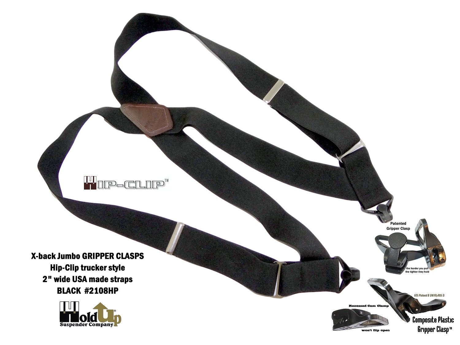 Hold-Up Hip-clip Style Suspenders for Men 1 1/2" Wide (Black/Plastic Clip)