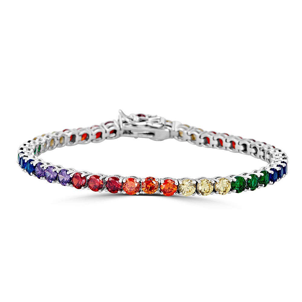 HarlemBling Real Solid 925 Sterling Silver Mens Or Womens Multi Colored Tennis Bracelet - 4mm Rainbow CZ - 6-9" (7.5)