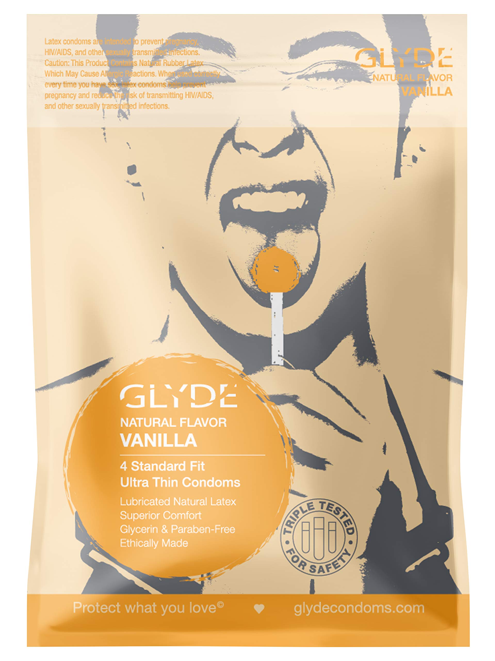 GLYDE Vanilla Flavored Ultra Thin Condoms - 4 Count - Organic Flavor Extract, Ultra-Thin, Vegan, Non-Toxic, Medium Size Natural Rubber Latex, 53mm Standard Fit