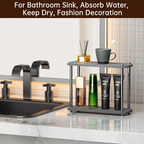 Suewidfay Kitchen Sink Caddy Tidy Organizer, Instant Quick Fast Drying Diatomaceous Earth Sink Absorbing Stone Sponge Holder, Toothbrush Holder, 2-Tier, Grey