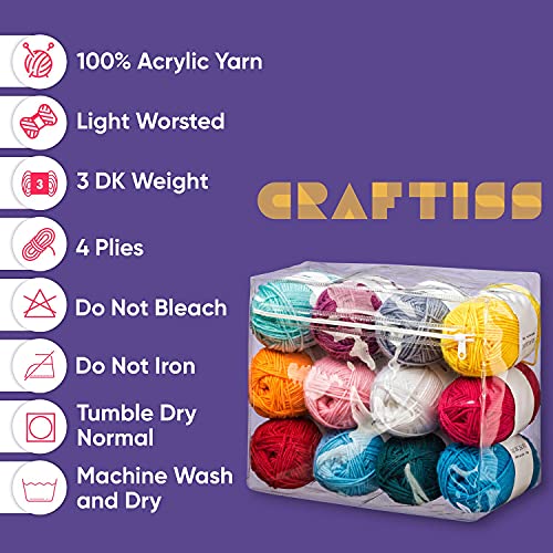Starter Pack of 12x50g Acrylic Yarn Skeins with Black Yarn Storage Bag Bundle