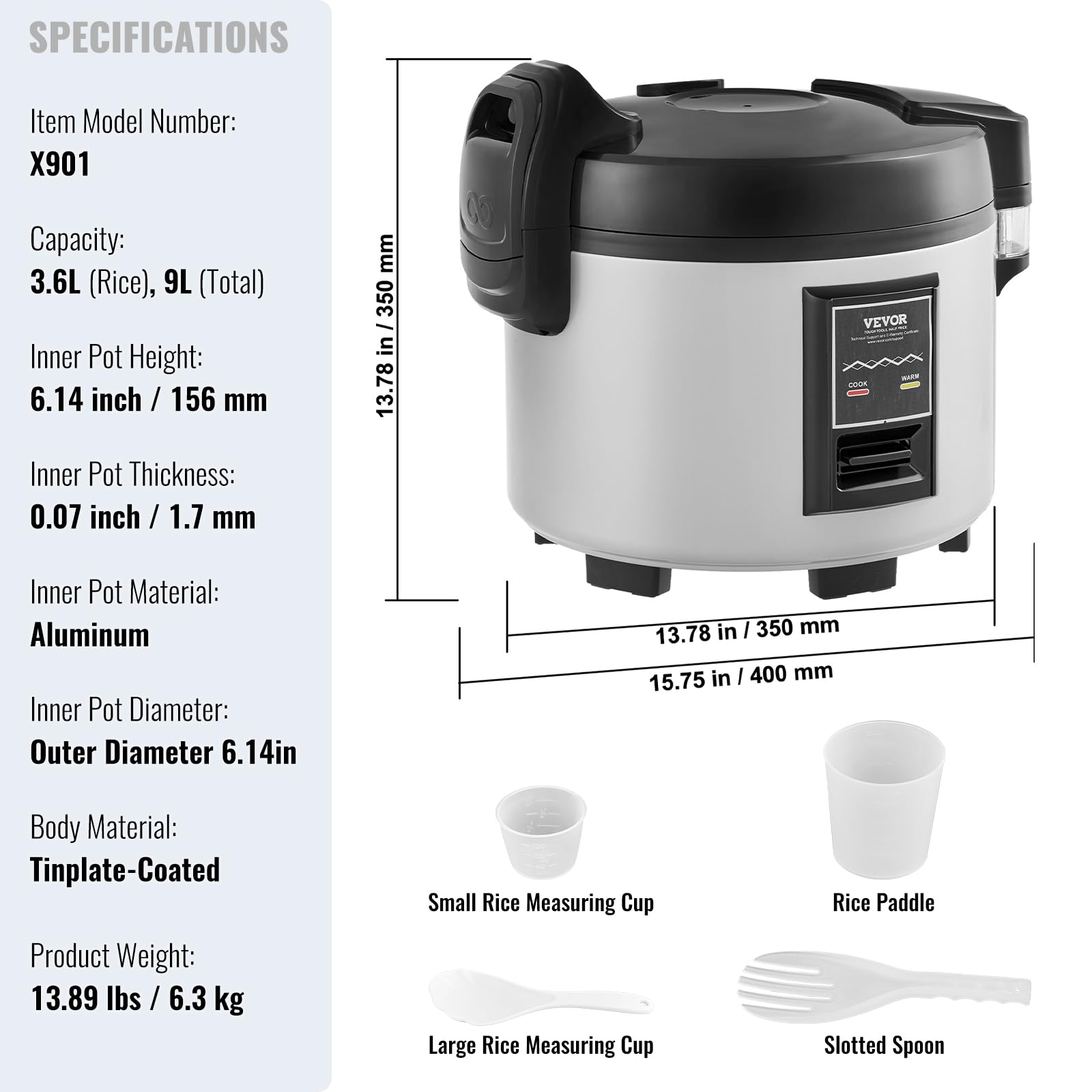 VEVOR Commercial Rice Cooker, 9.51Qt/45 Cups Cooked Rice, Large Rice Cooker and Warmer with Nonstick Inner Pot, Fast Cooking and 12-Hour Keep Warm, with Rice Cup and Paddle, for Restaurant