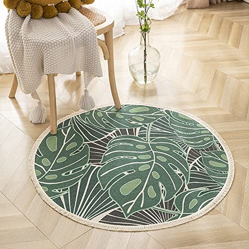 Poowe Round Cotton Rug Woven Tassel Throw Rug Washable Area Rug for Living Room Bedroom Kitchen Bathroom (Green Leaves)