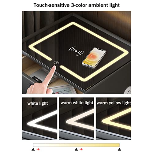 REVIAM Bedside Table with Wireless Charging Station Living Room End Table Bedroom Side Table with Sensor LED Lights (Color : A 2-Drawers, Size : C+Audio+Fingerprint)