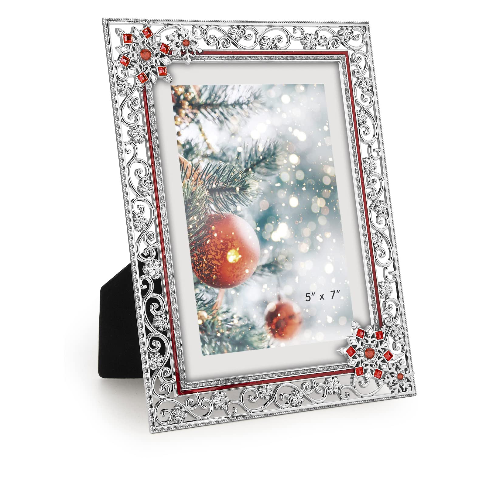 GUOER Christmas Decorations Photo Frame 5x7 Inch Snowflake Christmas Metal Photo Display Picture Frames with High Definition Glass Front Gift Ideas Tabletop Home Decorative (Red,5x7)