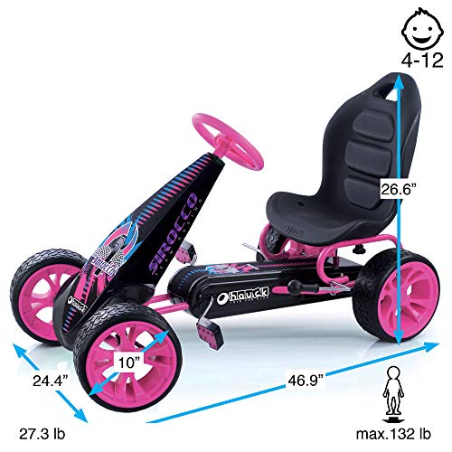 Hauck Sirocco - Racing Go Kart | Pedal Car | Low profile rubber tires | Pedal power auto-clutch free-ride | Adjustable seat - Pink, Large