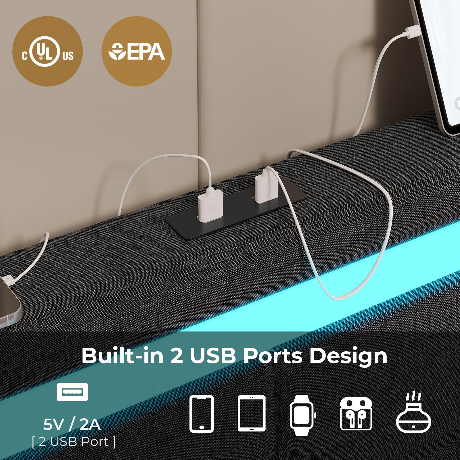 HAUOMS King Size LED Bed Frame and Headboard, Upholstered King Platform Bed Frame with Storage Drawers,2 USB Charging Station,Upgraded 2-Row Support Bars, No Box Spring Needed, Dark Grey