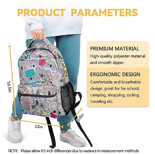 WARMRUG Koala Girls Backpack for School, 16 inch Grey Backpacks for Kids, Cute Lightweight Bookbag for Middle School
