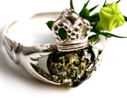 Green Amber and Sterling Silver Irish Claddagh Ring