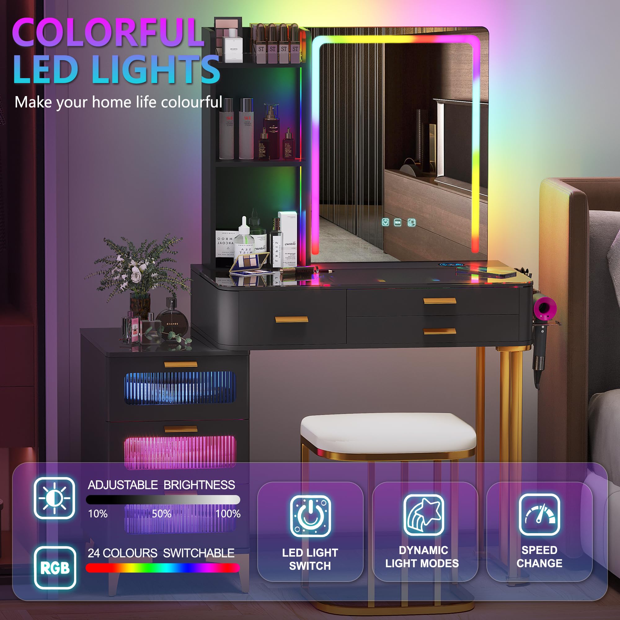 Gurexl RGB Vanity Desk with Mirror and Lights, Glass Top Makeup Vanity Table with Wireless Charging Station, Modern Dressing Table with 24 Lighting Modes, Cushioned Stool Included