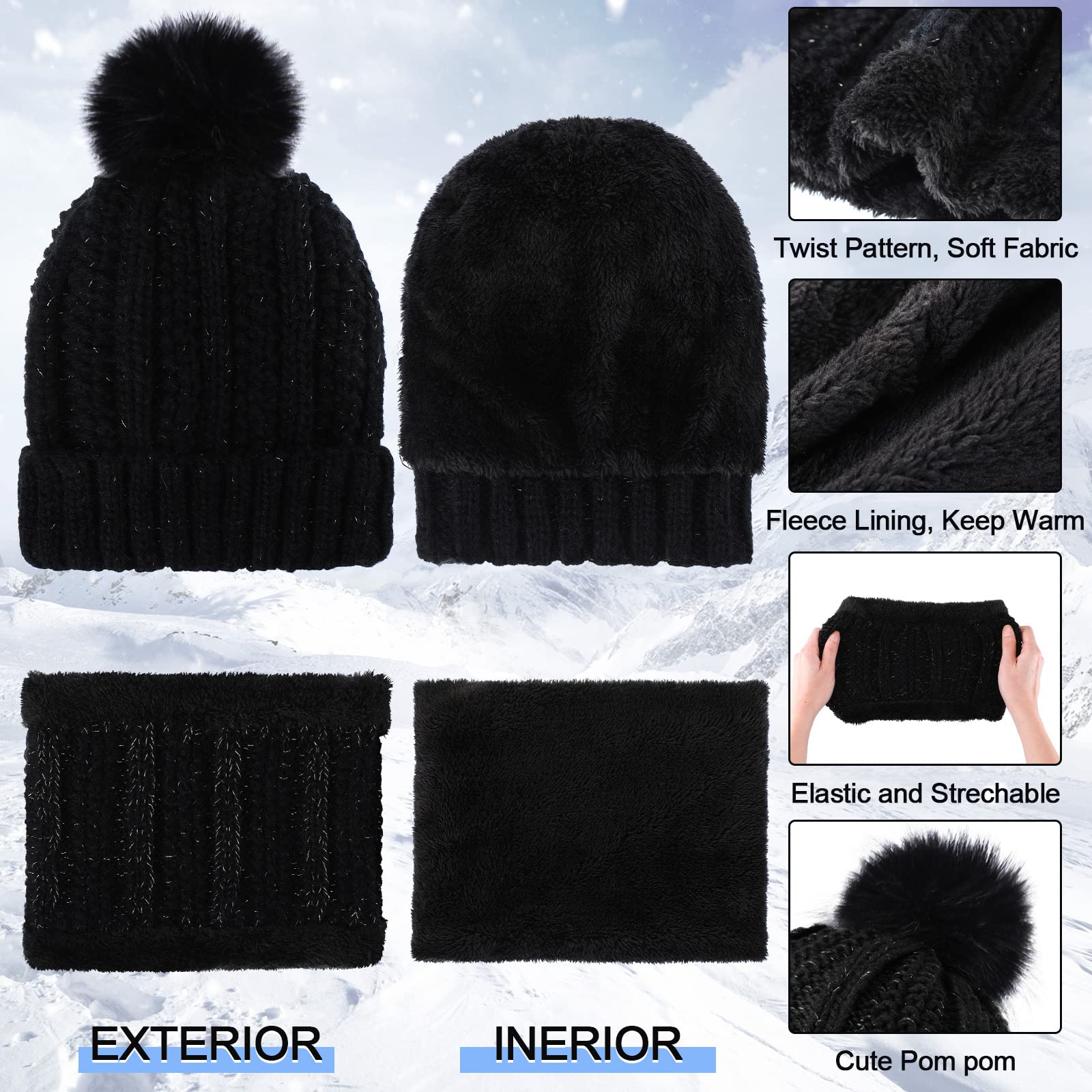 Hicarer 5 Pieces Women Ski Outing Set, Knit Winter Hat Scarf Gloves Earmuffs Stockings (Black, Classic Style)