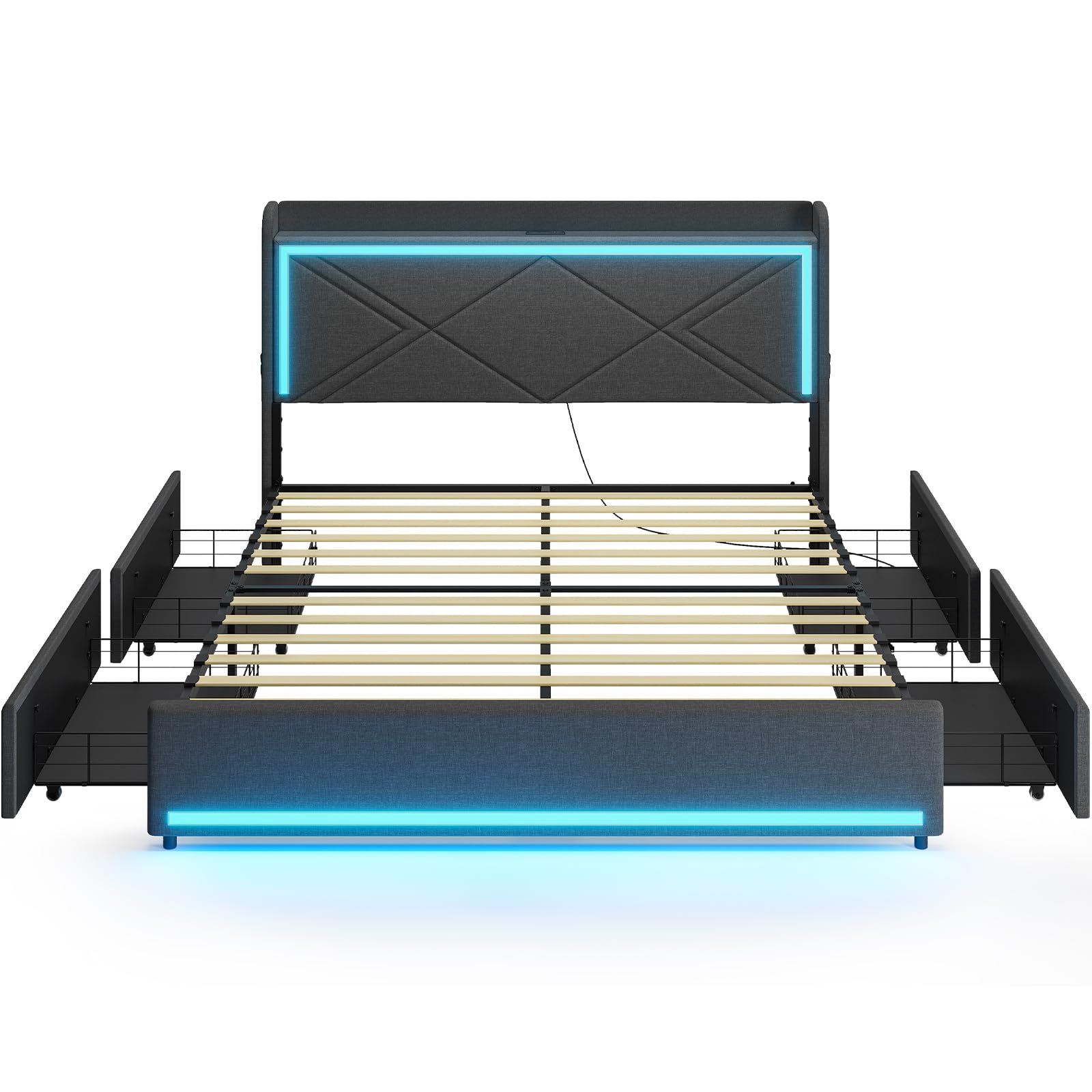 HAUOMS Queen Bed Frame with Stoarge Drawers and LED Lights, Upholstered Platform Bed with Type-C & USB Charging Station, LED Bed Frame Queen with Storage Headboard, No Box Spring Needed, Dark Grey