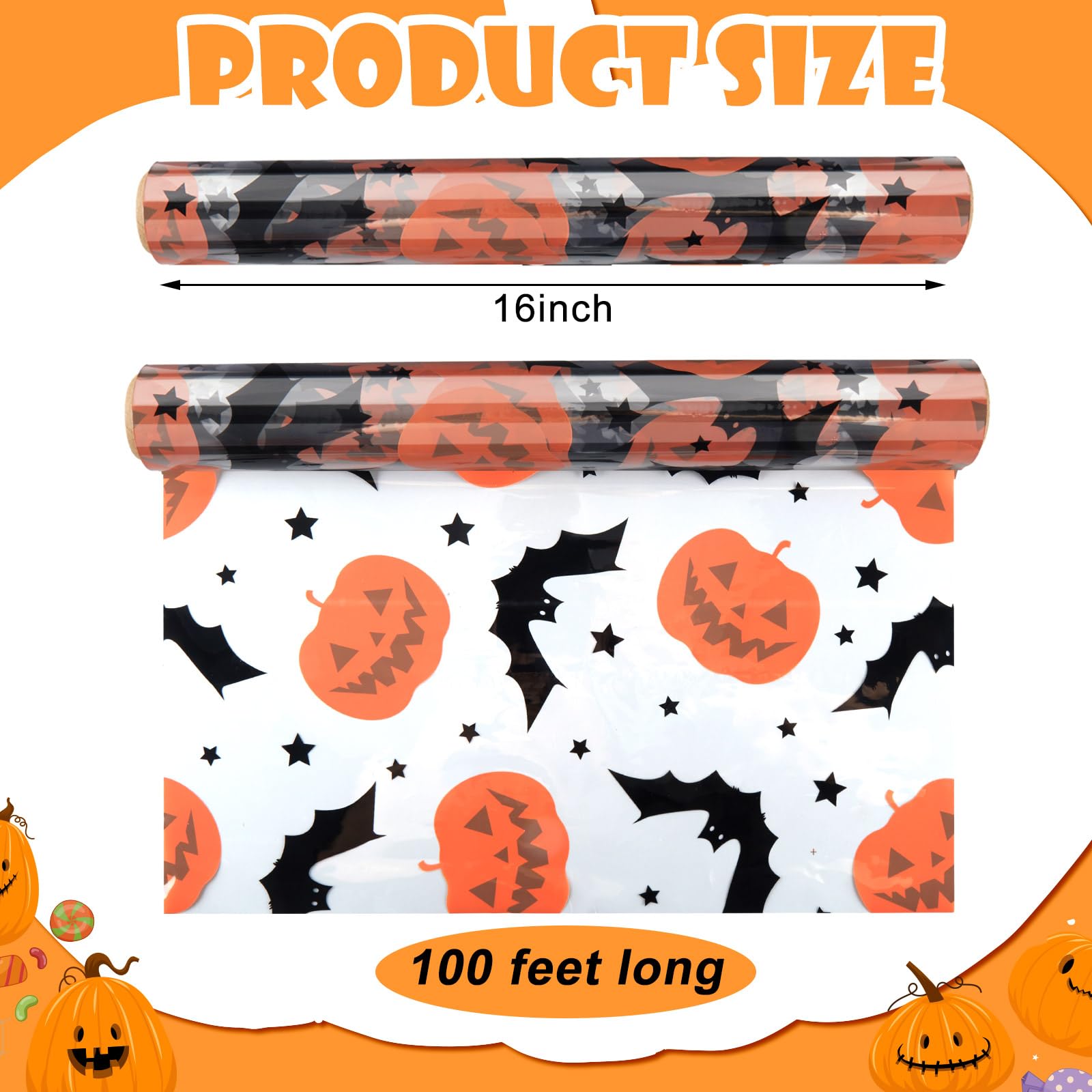 Halloween Cellophane Wrap Set include 2 Pack 100 Ft Long x 16 In Wide Cellophane Wrap Roll with 40 Pull Bows, Halloween Baskets Arts Crafts Halloween Party Supplies