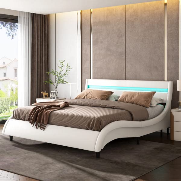 TTVIEW Upholstered Smart LED Bed Frame with Headboard, Modern Faux Leather Wave-Like Platform Bed Frame, Low Profile Bed Frame with Solid Wood Slats Support, White, Full Size