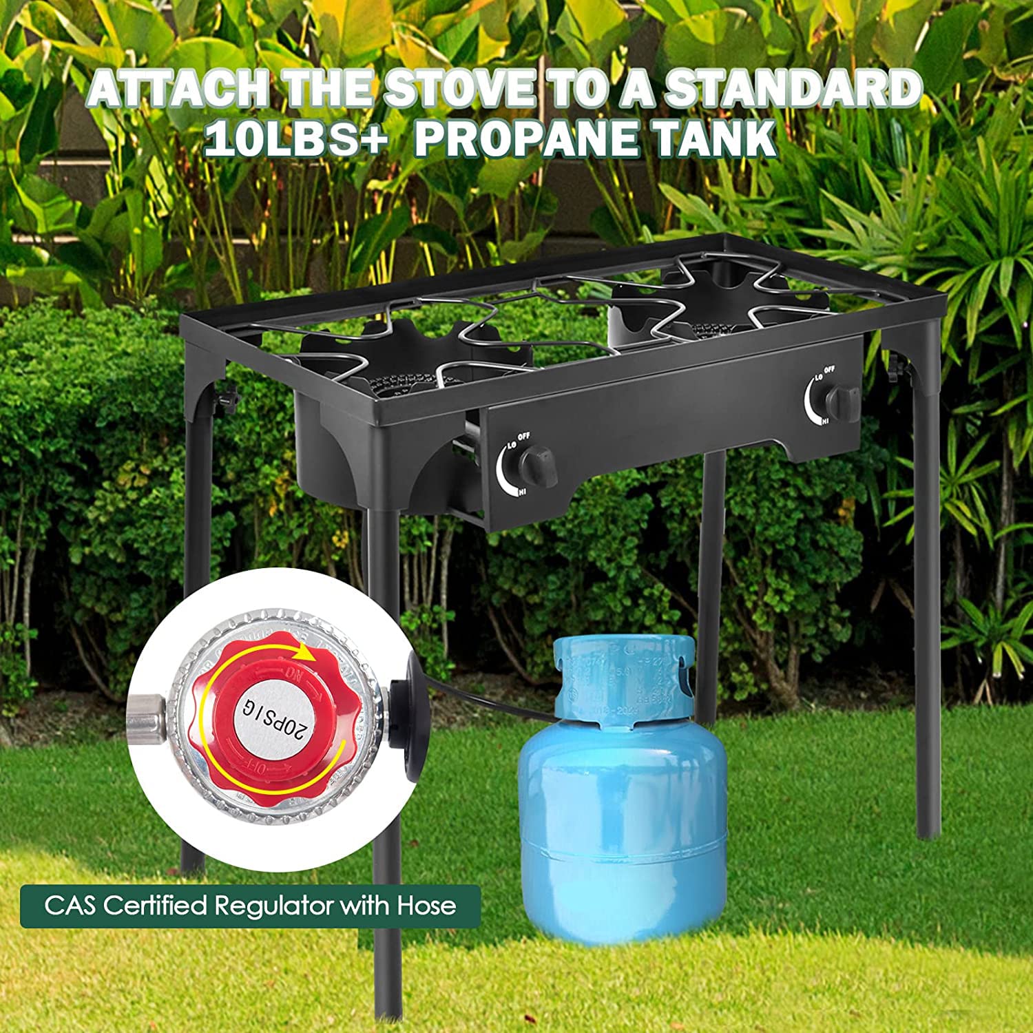 Goplus Outdoor Camping Stove, Dual Burner Propane Gas Cooker w/Detachable Legs & 0-20 PSI Regulator & CSA Approval for Camp Paito RV, Cast Iron, 150,000-BTU