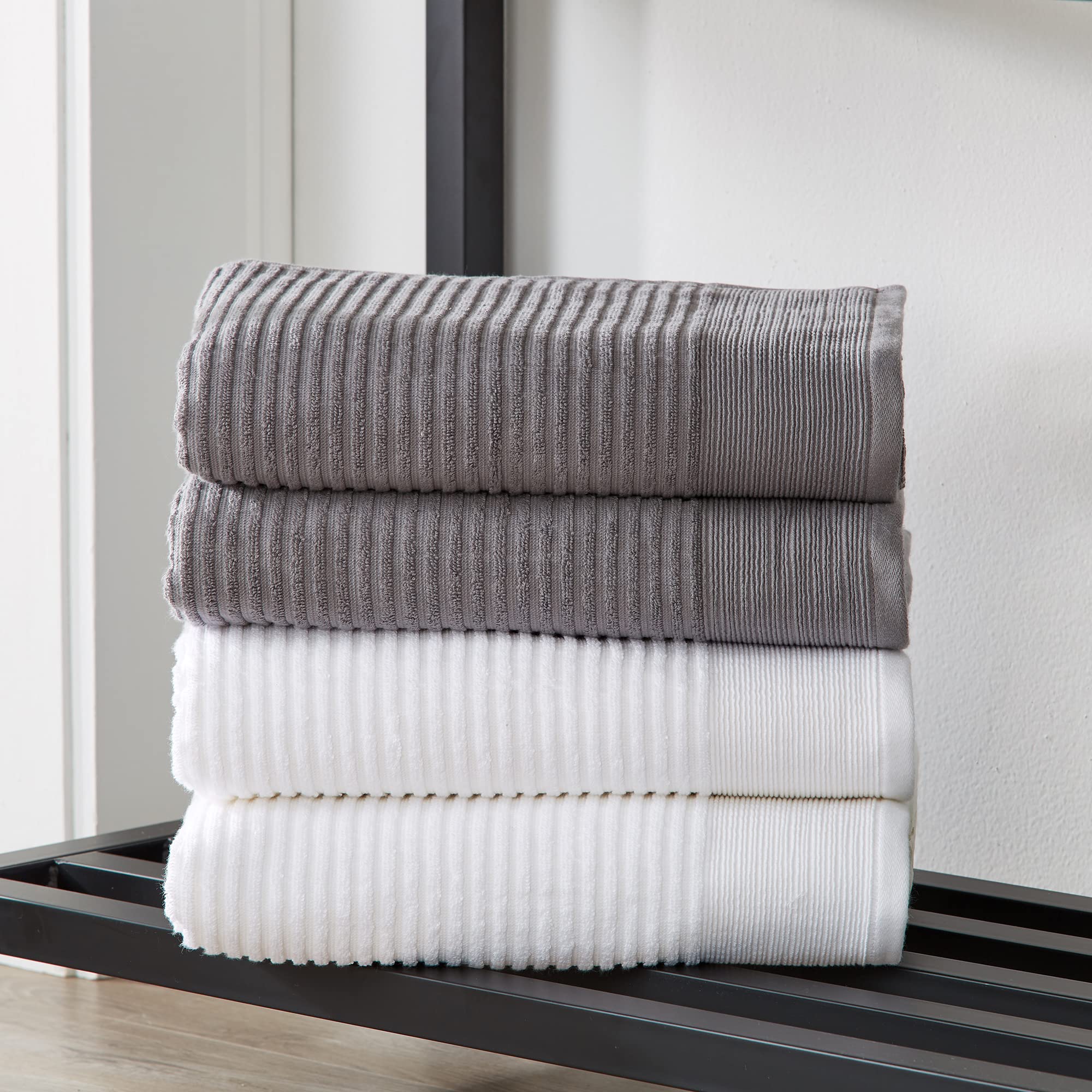 Great Bay Home 100% Cotton Ribbed Terry Bathroom Towels. Absorbent Quick-Dry Plush Bath Towels. Rori Collection (Hand Towel (4-Pack), White)