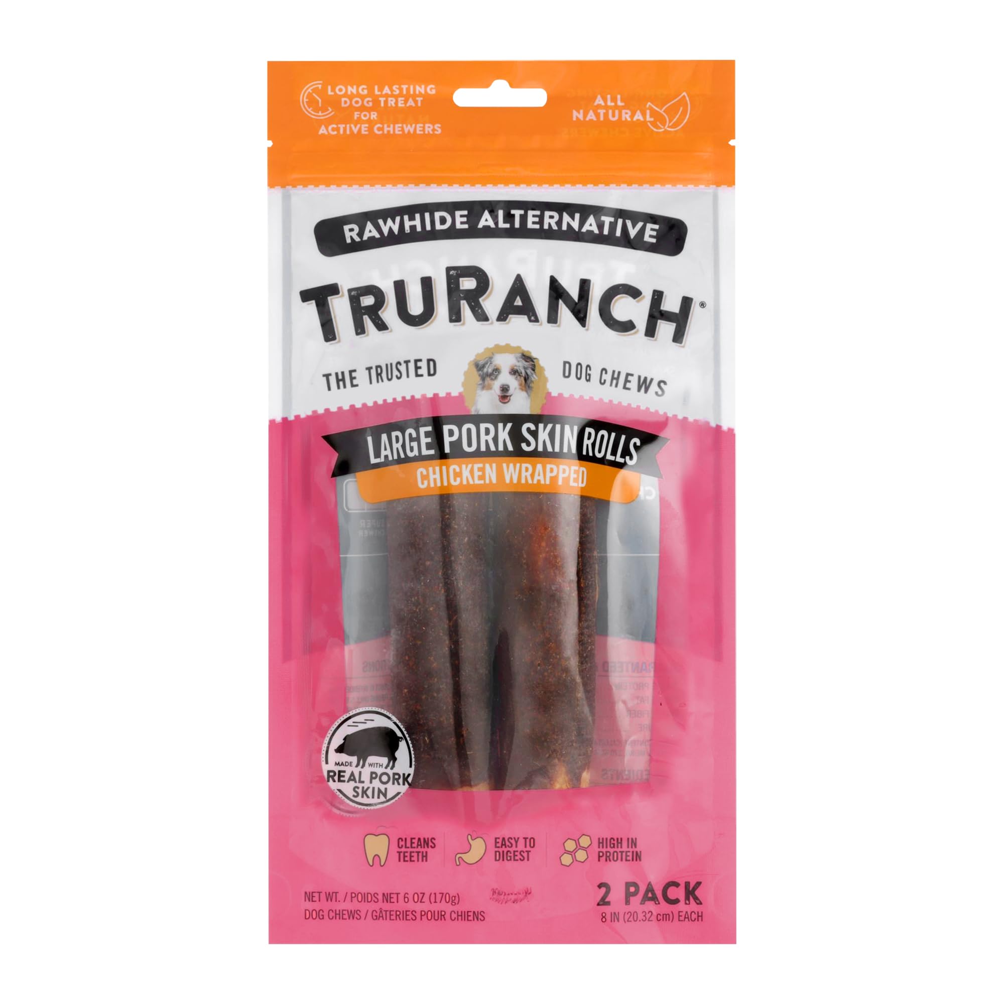 TRURANCH Large Pork Skin Rolls, Chicken-Wrapped Jerky, Made with Real Pork Skin, Rawhide Alternative, Healthy Dog Chews, 1 Bag, 2 Count