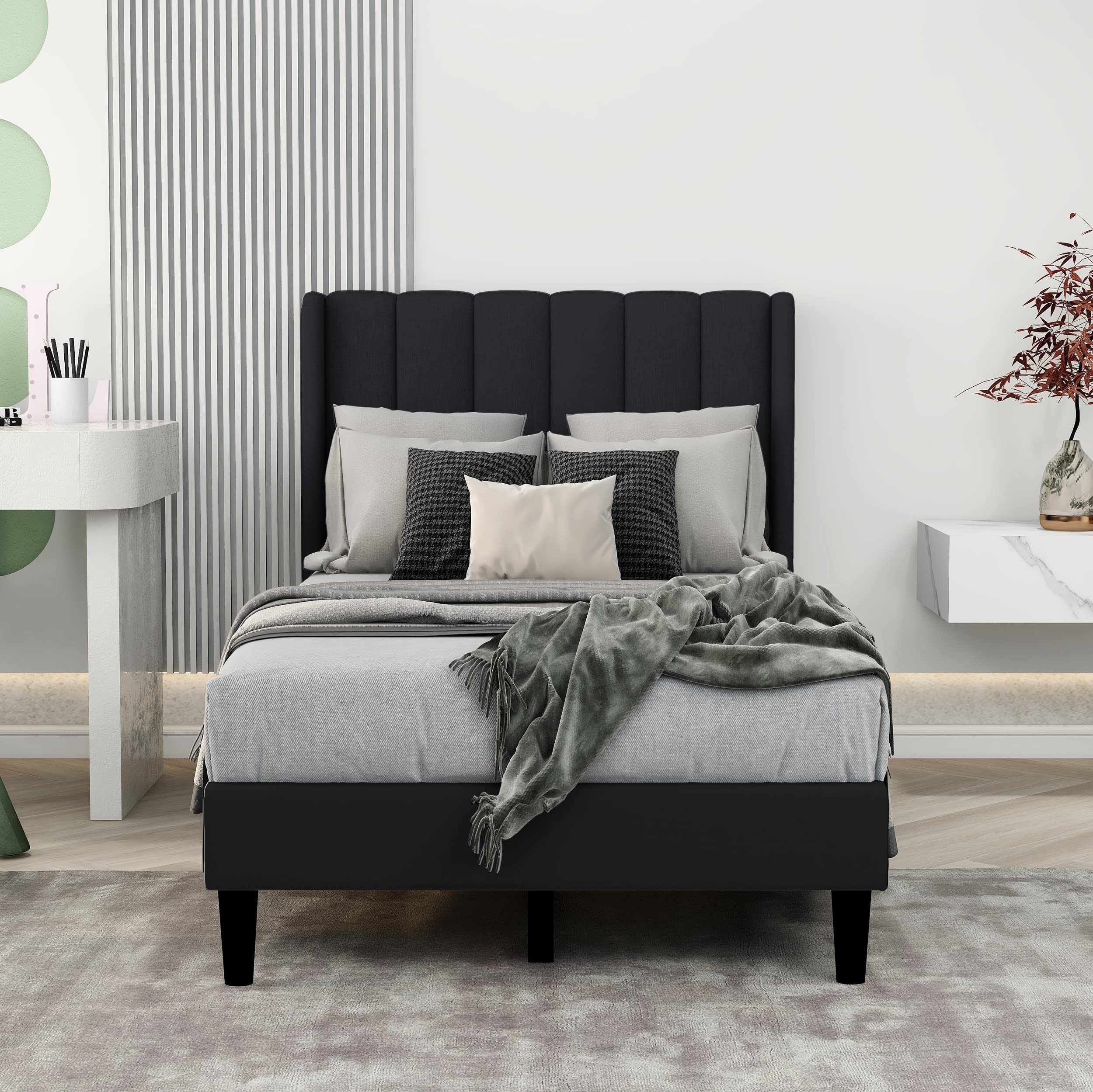 Gruwans Upholstered Bed Frame Queen with Wingback Headboard/No Box Spring Needed/Wooden Slat Support/Easy Assemble/Yellow