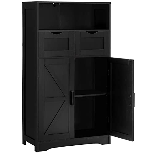 WEENFON Bathroom Cabinet, Floor Cabinet with 2 Doors & 2 Drawers, Bathroom Storage Cabinet with Adjustable Shelf, Freestanding Wooden Storage Organizer for Bedroom, Living Room, Hallway, Black