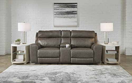 Signature Design by Ashley Roman Contemporary Tufted Leather Power Reclining Loveseat with Console and Adjustable Headrest, Gray
