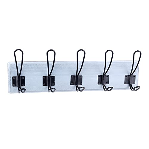 Rustic Coat Rack - Wall Mounted Solid Pine Wood 17" Entryway Coat Hooks - Rustic Hooks for Hanging Coats,Jacket,Clothes,Hats (1 Item Five Hooks, White with Black Hooks)