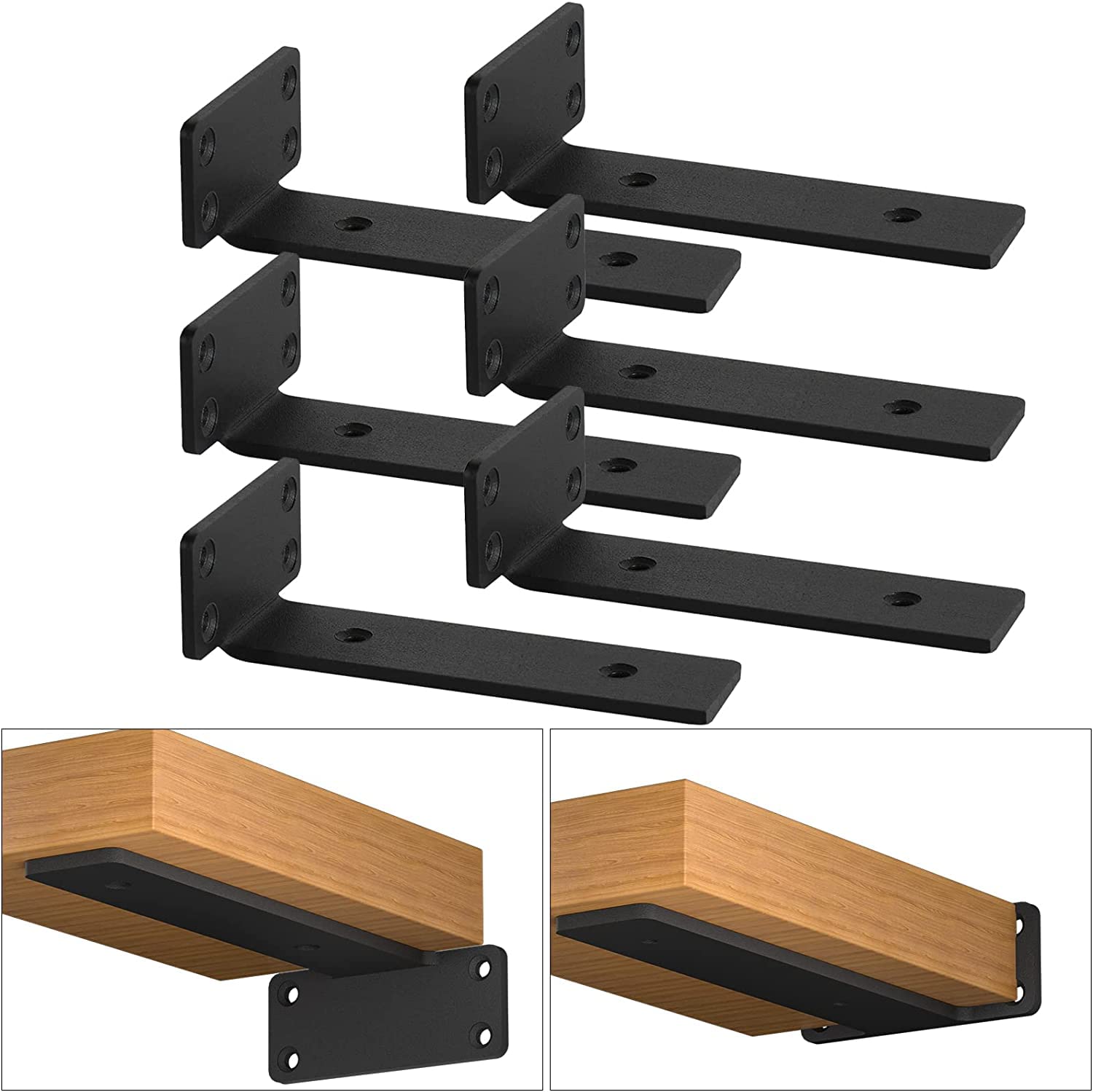 Heavy Duty Shelf Brackets 6 inch (1/5") Thick Metal Black, Floating Shelf Bracket, Hidden Wall Mounted L Shelf Bracket,Rustic Industrial Shelf Brackets with Modern Iron Finish (6inch - 6pack)