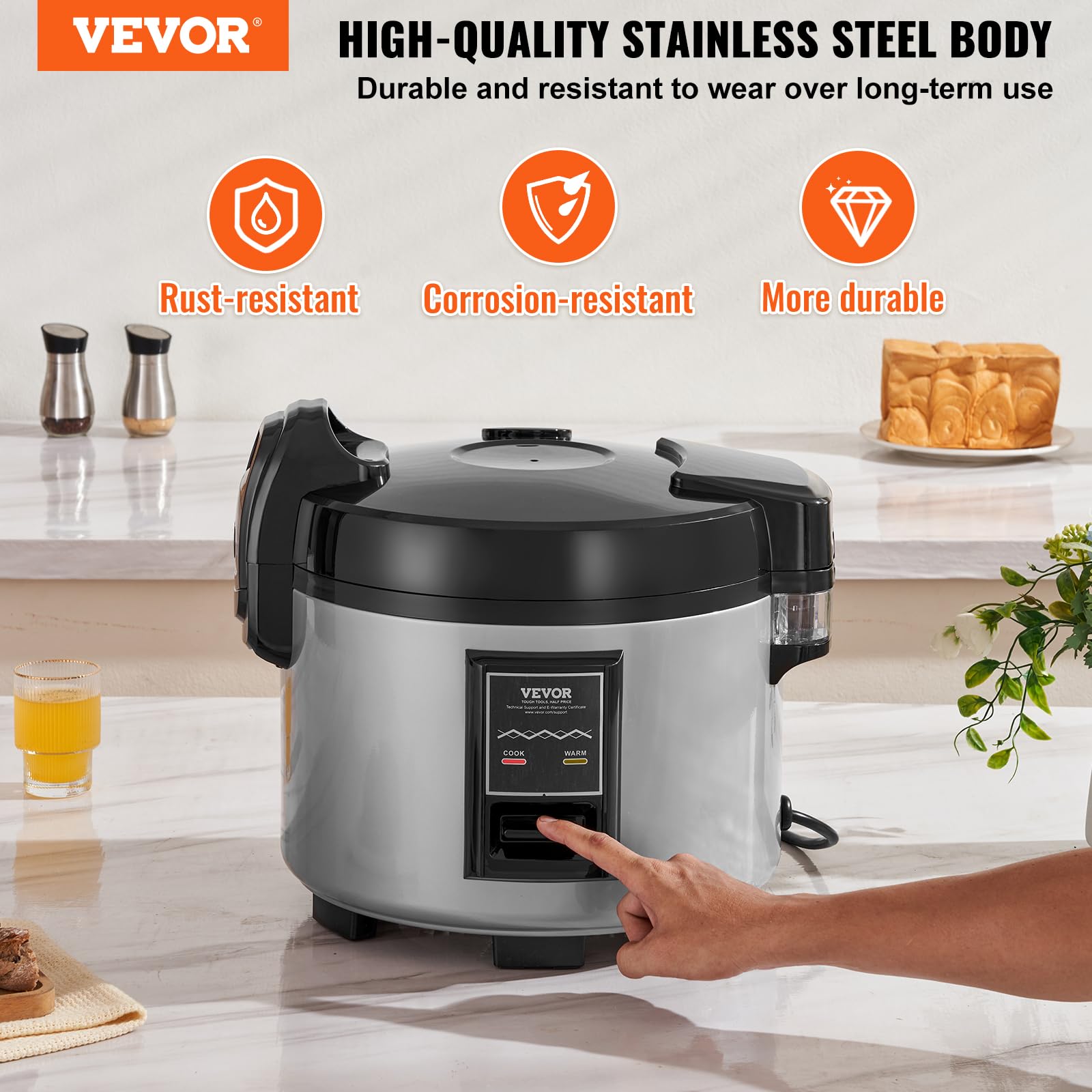 VEVOR Commercial Rice Cooker, 9.51Qt/45 Cups Cooked Rice, Large Rice Cooker and Warmer with Nonstick Inner Pot, Fast Cooking and 12-Hour Keep Warm, with Rice Cup and Paddle, for Restaurant