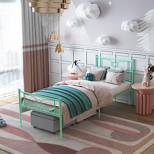 Twin Bed Frames with Storage for Girls Twin Beds for K'ids Metal Platform Bed Frame/Mattress Foundation/No Box Spring Needed/Steel Slat Support, Green