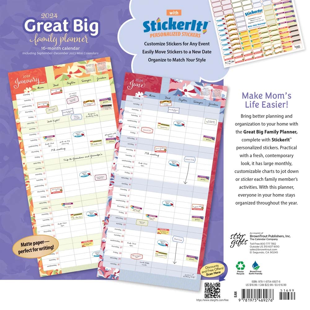 Great Big Family Planner | 2024 12 x 24 Inch Monthly Square Wall Calendar | Matte Paper and Sticker Sheet | StarGifts | Planning Organization