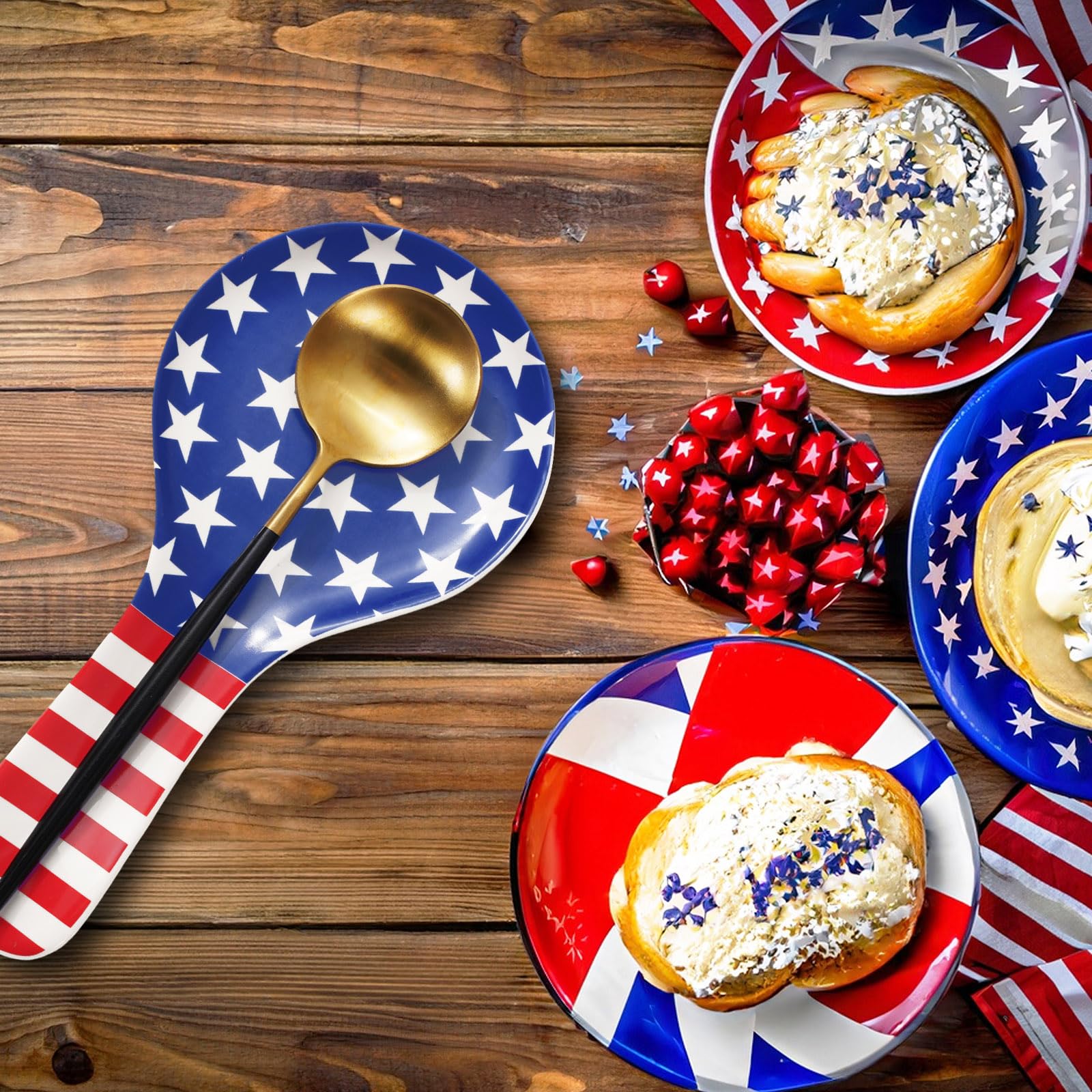 Whaline Patriotic Spoon Rest American Flag Ceramic Spoon Holder 4th of July Star Stripe Sauce Dishes Ring Dish for Independence Day Kitchen Office Party Decor