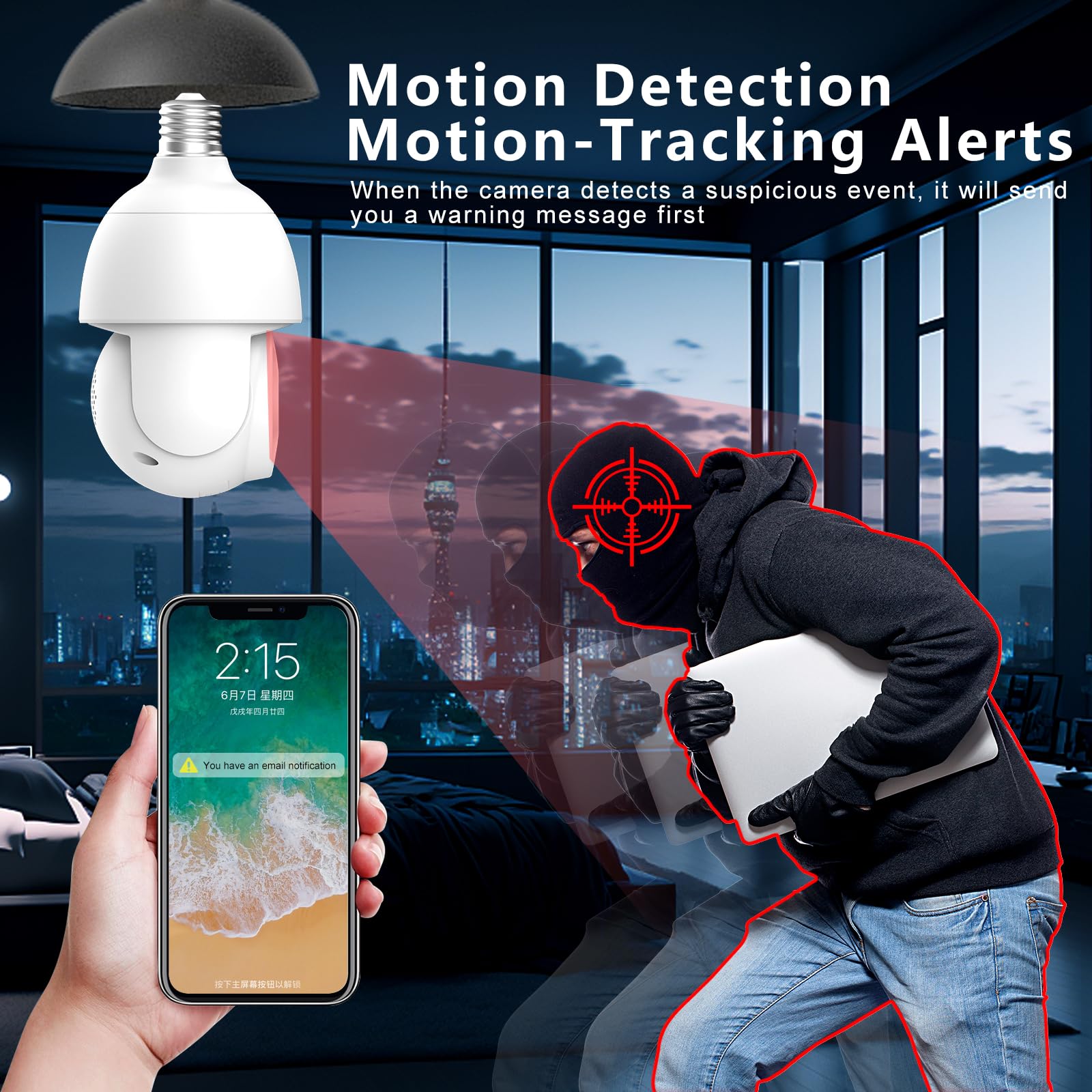 Hicvers Light Bulb Camera, 360° Panoramic Camera with 2 MP HD Picture Quality, with Clear Night Vision, 2-Way Audio, Motion Detection, Alarm Function, Compatible with Alexa, for Indoor and Outdoor