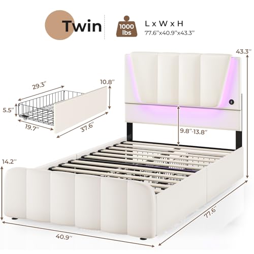 VIAGDO Twin Bed Frames with Storage Drawers and LED Lights, Upholstered Platform Bed Frame Twin Size with Height Adjustable Headboard, 2 USB Ports, No Box Spring Needed, Cream White