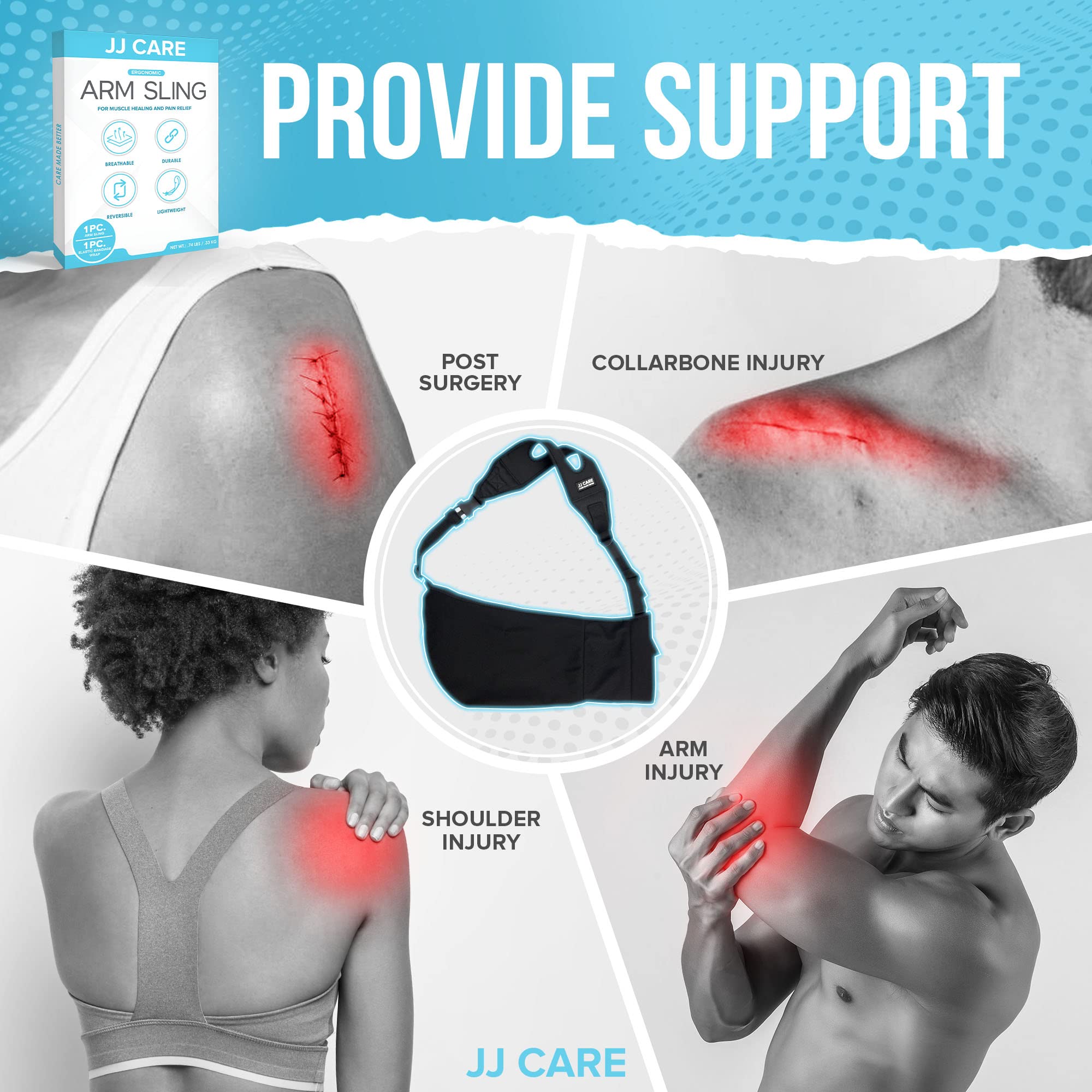 JJ CARE Arm Sling - Left or Right Arm Sling for Elbow, Shoulder Injury w/Quick Release Buckle - Shoulder Immobilizer with Elastic Bandage Wrap, Medical Shoulder Sling For Torn Rotator Cuff