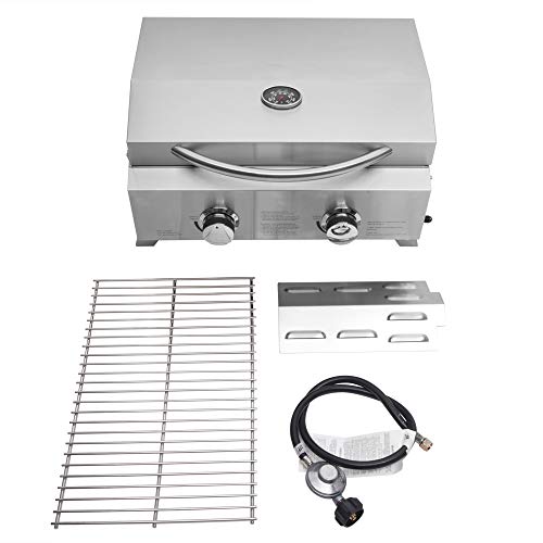 ZOKOP Portable Propane Gas Grill, 20000 BTU Tabletop Stainless Steel 2-Burner BBQ Grid with Foldable Legs for Picnic Camping Trip, Tailgating, Patio Garden Home Use, 22 x 18 x 15 Inch, Steel, Silver
