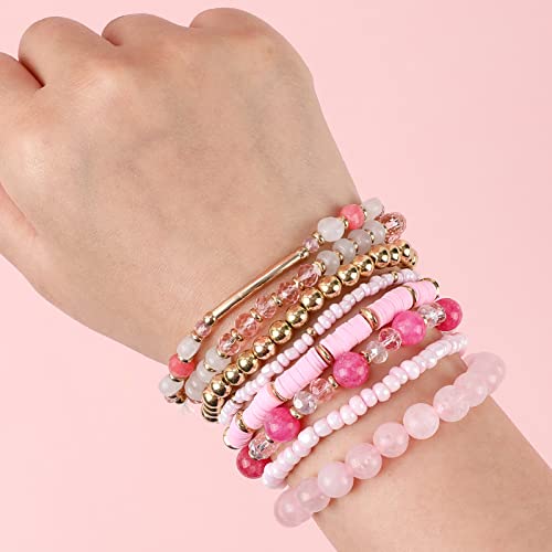 IDEAJOY 8 Pcs Pink Bracelet for Women, Bohemian Multi-Layer Beaded Stacking Summer Pink Bracelets Barbie Jewelry Gifts, Strand Stretch Sparkly Crystal Beads Wrap Slip-on Cuff Bangle Bracelet Set Gift