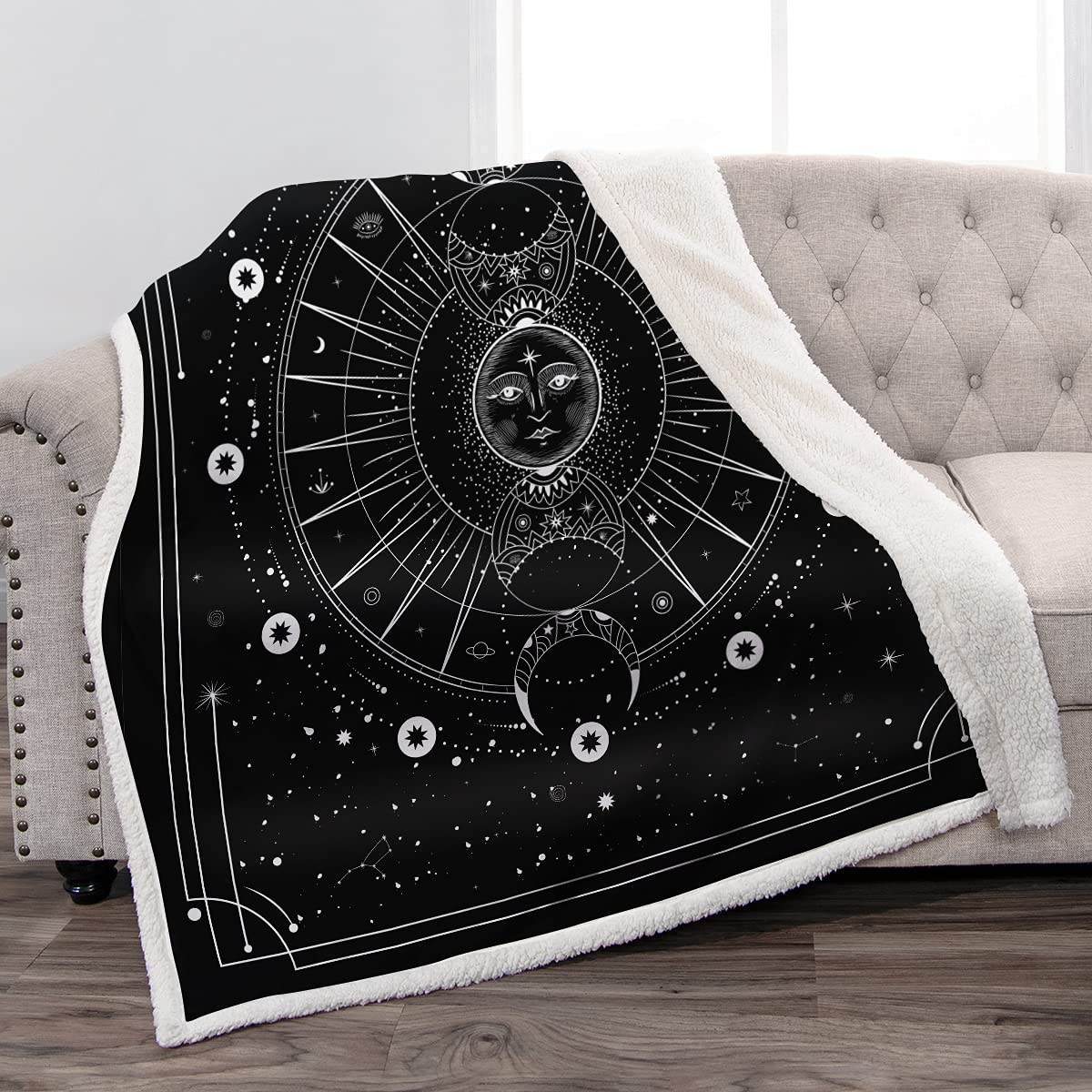 Jekeno Sun Moon Sherpa Blanket Stars Space Psychedelic Black and White Print Throw Blanket for Couch Bed Sofa Travelling Camping for Kids Adults 50"x60"