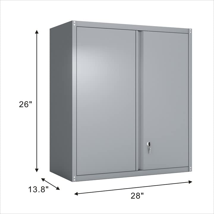 GREATMEET Metal Locking Wall Storage Cabinet with 1 Adjustable Shelf, Wall Mount Cabinet for Home Office,Garage,Laundry Room, Gray